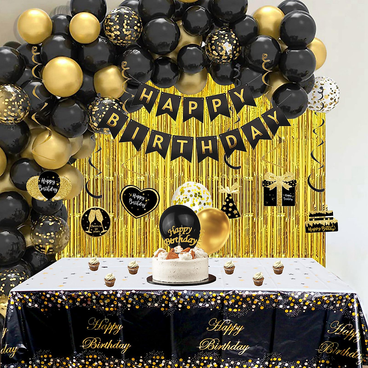 Black and Gold Birthday Decorations Black Gold Balloons Party Supplies with Banner Hanging Swirls Curtains Tablecloth Cake Toppers for Men Women Gold Black Birthday Father's Day Party Decorations