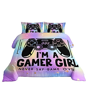 BailiPromise Kids Gamer Comforter Set Girls Pink Purple Gamepad Print Quilt Bedding for Boys and with 1 2 Pillowcases All Season（Purple Twin） Twin 68x86inches