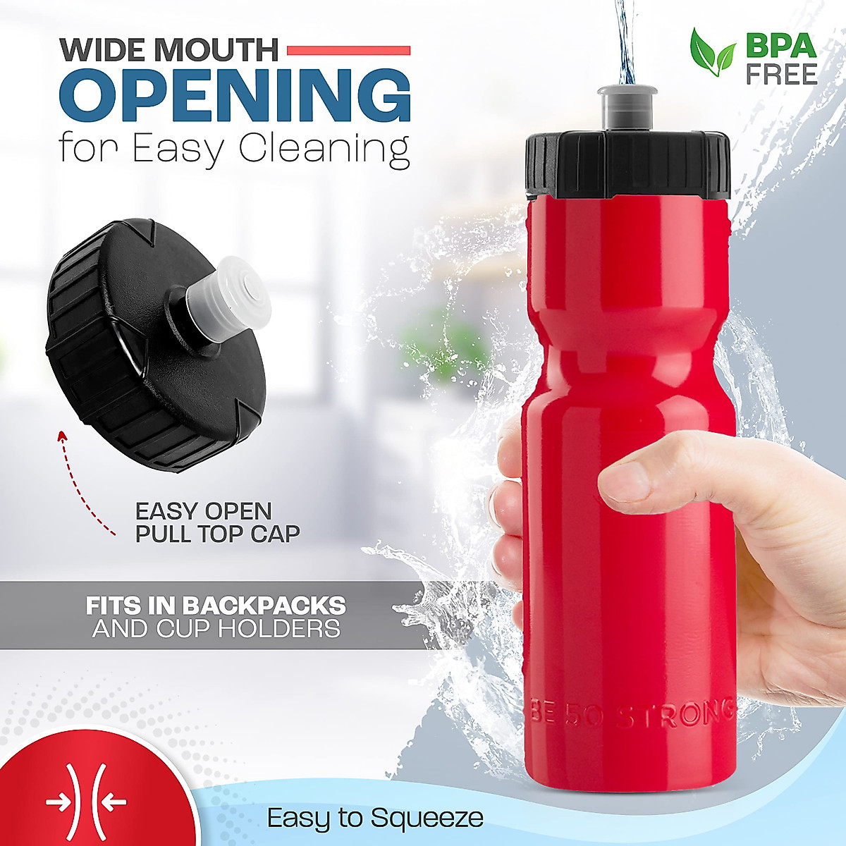 50 Strong Sports Squeeze Water Bottle 6 Pack – 22 oz. BPA Free Easy Open Push/Pull Cap – USA Made (Red)