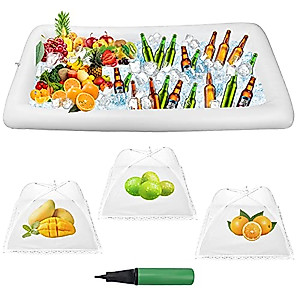Large Inflatable Serving Bar Kit 1+4Pcs, Luxiv Salad Food Drinks Tray for Picnic Pool Cooler Ice Buffet Party Camping Inflatable Salad Serving Trays with Drain Plug, Large Food Mesh Cover, Inflator…
