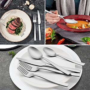 40-Piece Matte Silverware Set, E-far Stainless Steel Flatware Set Service for 8, Metal Cutlery Eating Utensils Tableware Includes Forks/Spoons/Knives, Square Edge