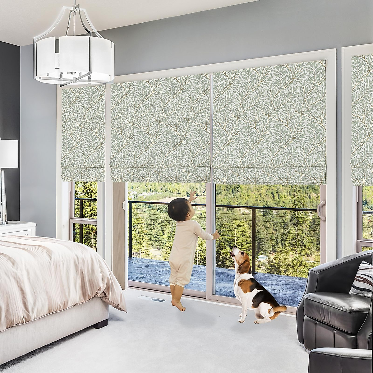 Comodex Cordless Floral Roman Shades, Green Leaf Customized Window Shades,Light Filtering Premium Blackout Roman Blinds, Washable Fabric Roman Shades for Windows, French Doors, Doors, Kitchen Windows