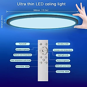 Marfete Flush Mount LED Ceiling Light Dimmable with Remote Control, 15.3 Inch 35W RGB Frontlight Close to Ceiling Light Fixture 3000-6500K, Modern Ultra-Thin Round Ceiling Lamp, for Bedroom