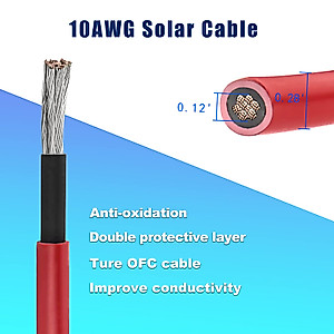 Kimbluth 10 AWG Solar Wire 10FT Red & 10FT Black Tinned Copper Wire, 10 Gauge Solar Panel Cable OFC Oxygen Free Copper Wire for Solar Panel Automotive Trailer Marine Outdoors (Red&Black)