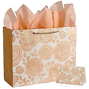 SUNCOLOR 13" Rose Gold Large Gift Bag with Card and Tissue Paper