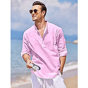 COOFANDY Men's Cotton Linen Henley Shirt Long Sleeve Hippie Casual Beach T Shirts Pink