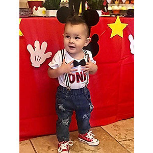 Pinleck Toddler Baby Boy Birthday Clothes Set Bowtie Romper Suspenders Ripped Denim Pants Outfits (1st Birthday-White-1Short, 12-18 Months)