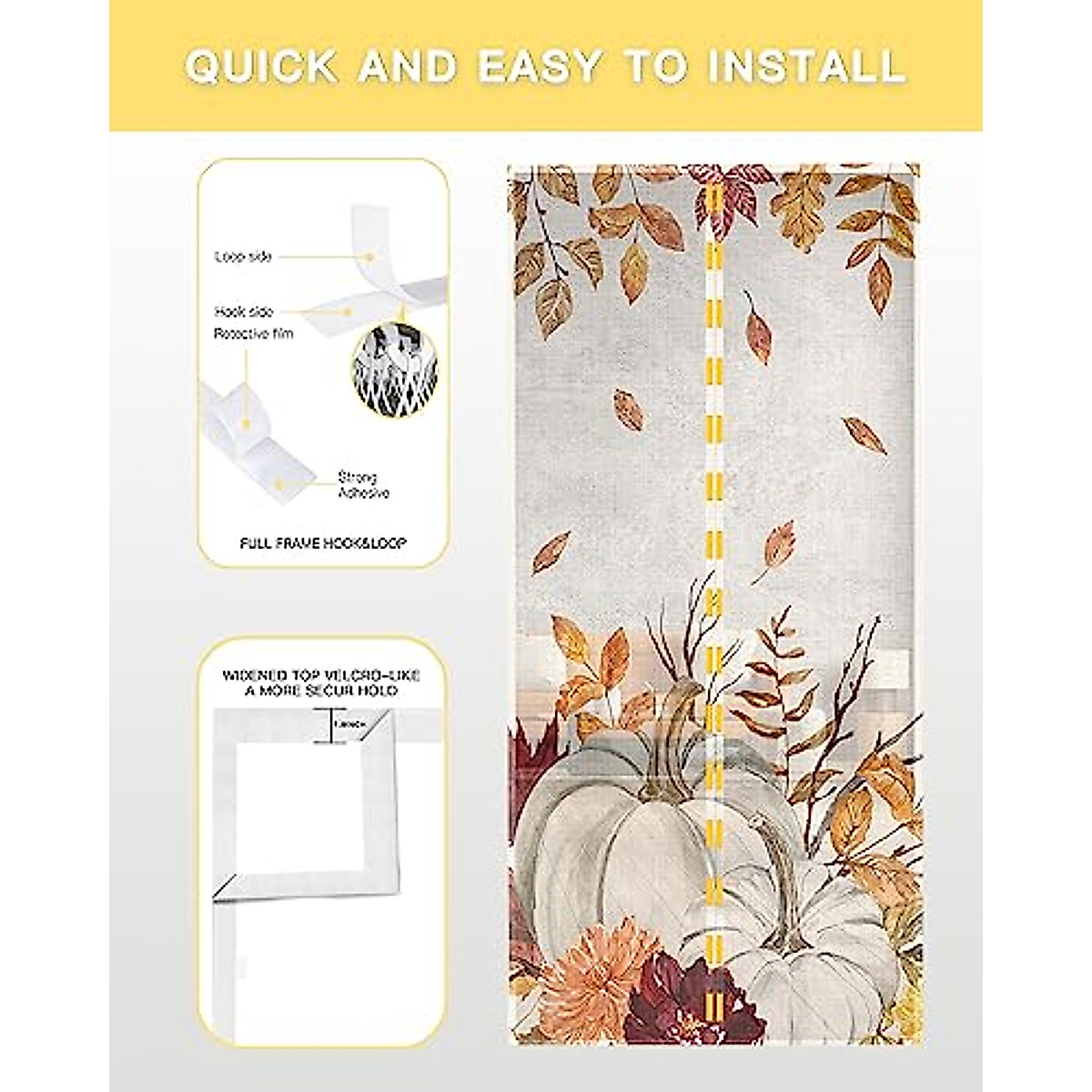 OComster Thanksgiving Magnetic Screen Door, Grey Pumpkin Orange Leaves Bulap Fall Hands Free Screen Mesh Size 38'' x 83'', Reinforce Heavy Duty Mesh Screen Doors for Patio/Front/Sliding Door