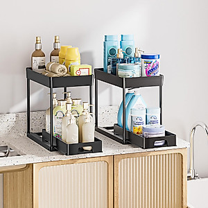 Delamu 2 Pack Under Sink Organizers and Storage, 2 Tier Pull Out Under Cabinet Organizer, Black Under Sink Storage for Bathroom Kitchen, Under Counter Storage organizer with 8 Hooks