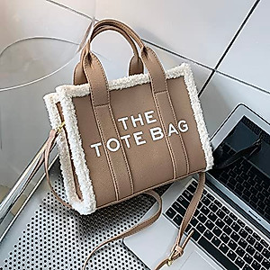 NEGBIU Tote Bag for Women, PU Leather Tote Bag with Lamb Wool, Crossbody Handbag for Travel/Work（11 * 8.26 * 4.3in