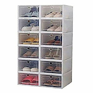 GOMINIMO 12 Pack Clear Durable Plastic Shoe Boxes Stackable Storage Bins Rack Organizer Containers with Lids