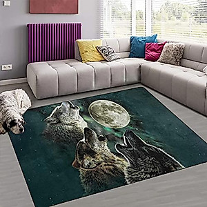 Animal Area Rug 3x5ft/36x60in/90x150cm,Wolf Howling to The Full Moon Polyester Yoga Mat for Living Dining Dorm Room Bedroom Home Carpet Decor