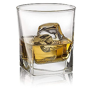 Double Old Fashioned Whiskey Glass (Set of 4) with Granite Chilling Stones - 10 oz Heavy Base Rocks Barware Glasses for Scotch, Bourbon and Cocktail Drinks