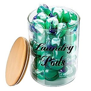 Laundry Pods Holder Container, 3Qt Big Glass Storage Container with Wood Lid, Stackable Large Clear Glass Jar Organizer Canister for Laundry Room Holds 81 Laundry Pods, 4 Label Sticker