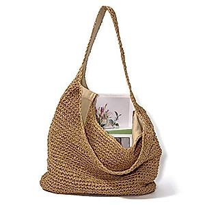 CHIC DIARY Womens Hand-woven Straw Shoulder Bag Large Summer Beach Leather Handles Handbag Tote with Zipper (#01-Khaki)