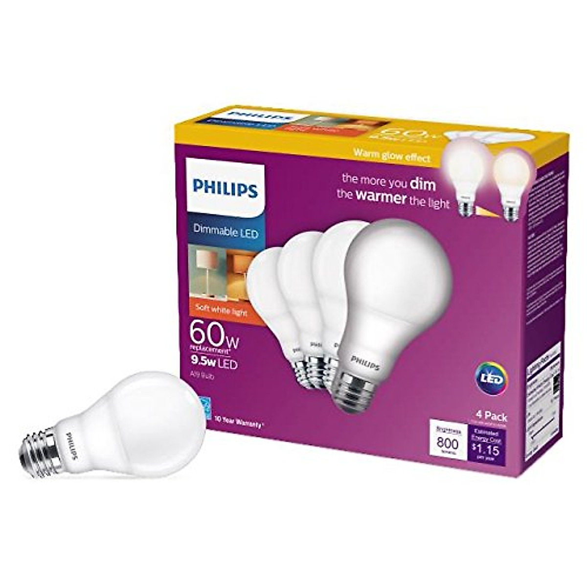 Philips LED Dimmable A19 Light Bulb with Warm Glow Effect 800-Lumen, 2200-2700 Kelvin, 9.5-Watt (60-Watt Equivalent), E26 Base, Frosted, Soft White, 4-Pack