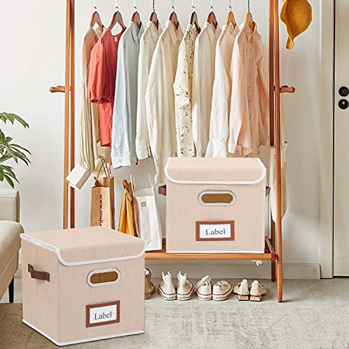 Yawinhe 2 Packs Storage Boxes, 11 x 11 x 11 Inch Storage Cubes, Storage Bins Organizer Containers with Dual Leather Handles for Home Bedroom Closet Office (Beige, 2-Pack)