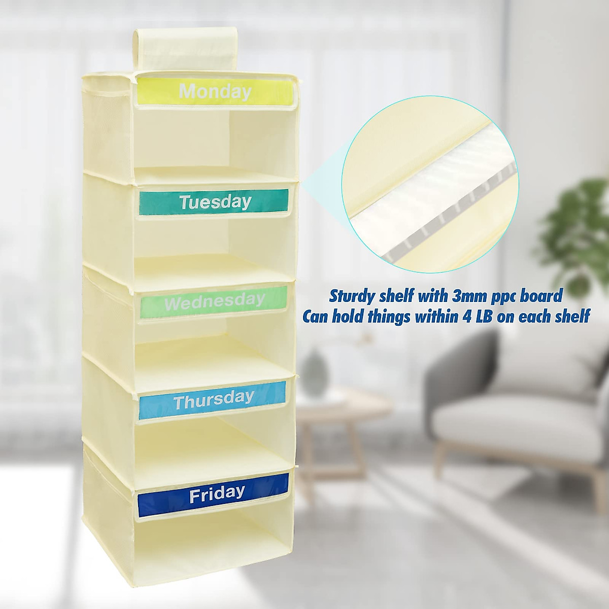 Weekly Clothes Organizer for Kids-Hanging Closet Organizer Kids Weekday-Kids Weekly Clothes Organizer-Days of The Week Clothing Organizer-Monday to Friday Clothes Organizer(Beige)