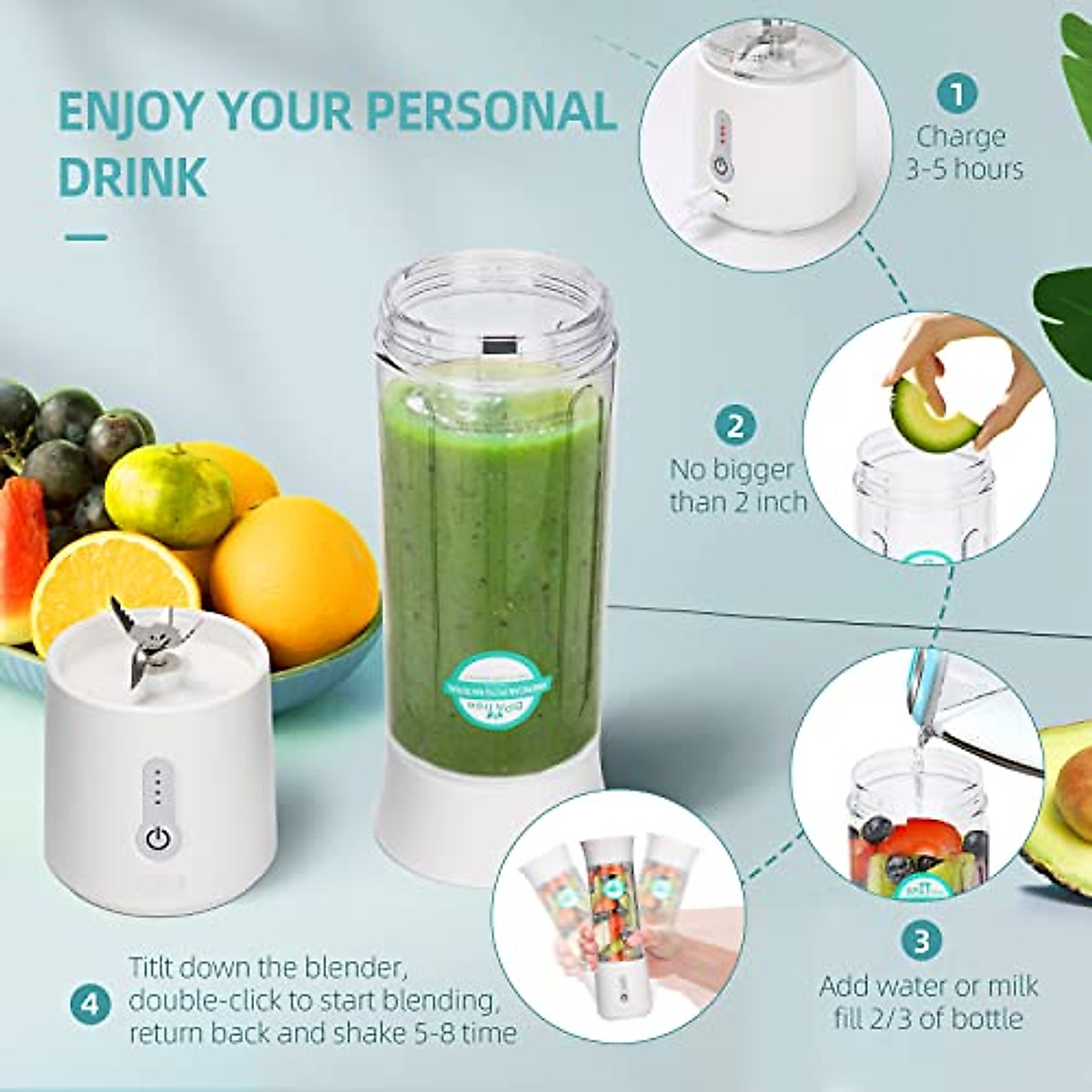 Portable Blender for Shakes and Smoothies,17oz Personal Size Blender with USB Rechargeable and 6 Blades, Fruit Veggie Fresh Juicer Mini Portable Blender Cup for Travel Sports Kitchen (White)