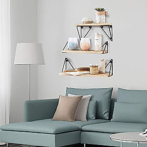 Coral Flower Space Saving Floating Mounted Set Of 3 Rustic Wood Wall Shelves Hanging Shelves for Decor and Shelving in Living Room, Bedroom and Bathroom