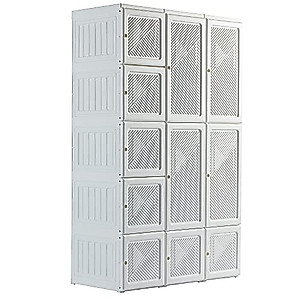 Portable Closet Clothes Wardrobe Plastic Bedroom Armoire 14"x20" Depth Cube Storage Organizer with Hanging Rod and Doors，15 Cubes, White (Door Accessories)