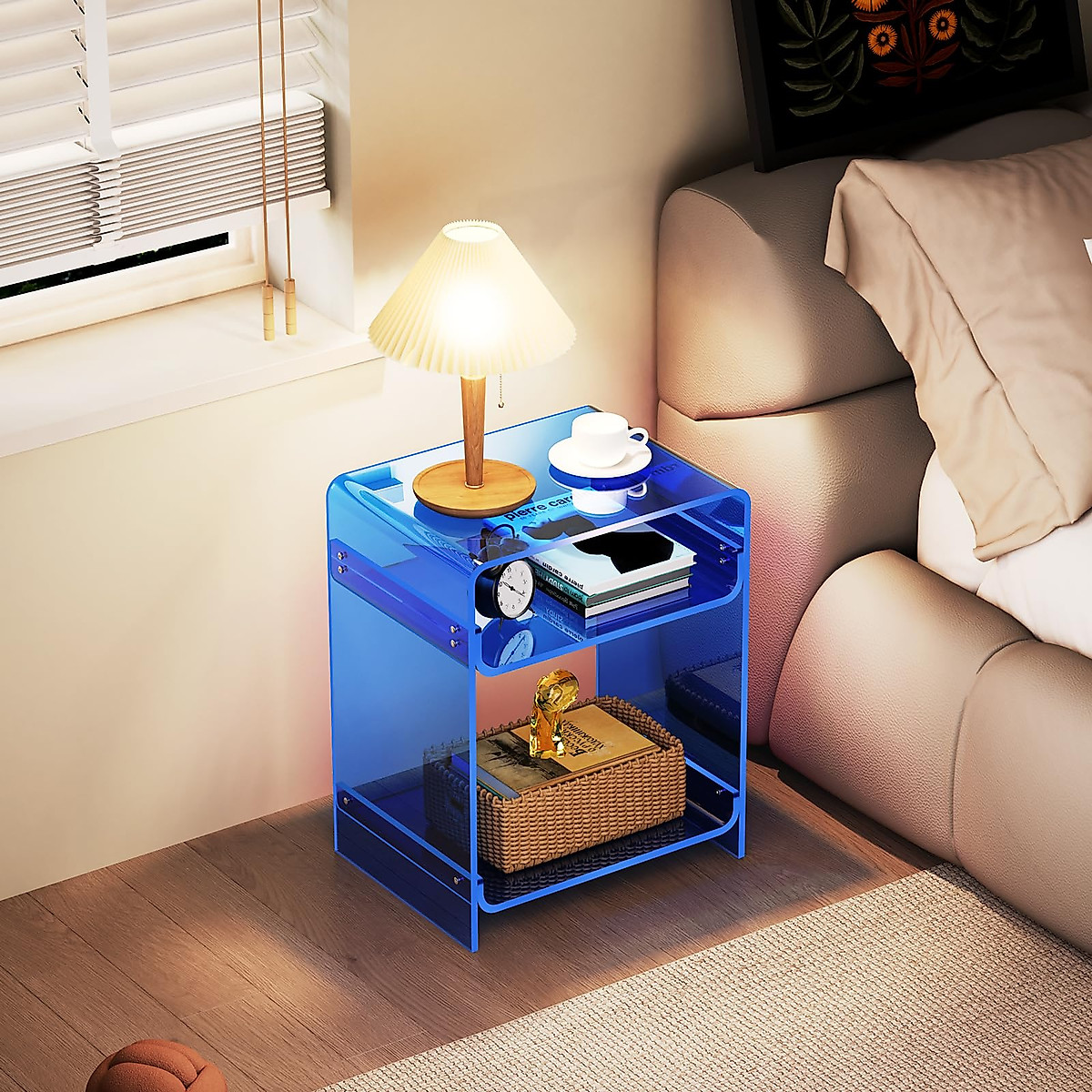 Acrylic End Table Record Player Table with Storage Shelf Clear Side Table Nightstand (Orange, 15.7x19.7x11.8) (Blue)