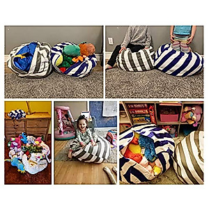 2 Packs Stuffed Animal Storage Beanbag Cover 24" Bean Bag Storage for Kids Girs Boys Room Toys Organizer Heavy-duty Zipper Bean Bag Chair Covers Only Grey Blue White Stripes Cotton Canvas