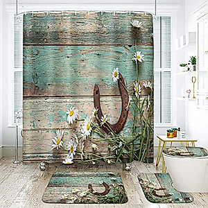 Britimes 4 Piece Shower Curtain Sets, Western Rustic with Non-Slip Rugs, Toilet Lid Cover and Bath Mat, Durable and Waterproof, for Bathroom Decor Set, 72" x 72"