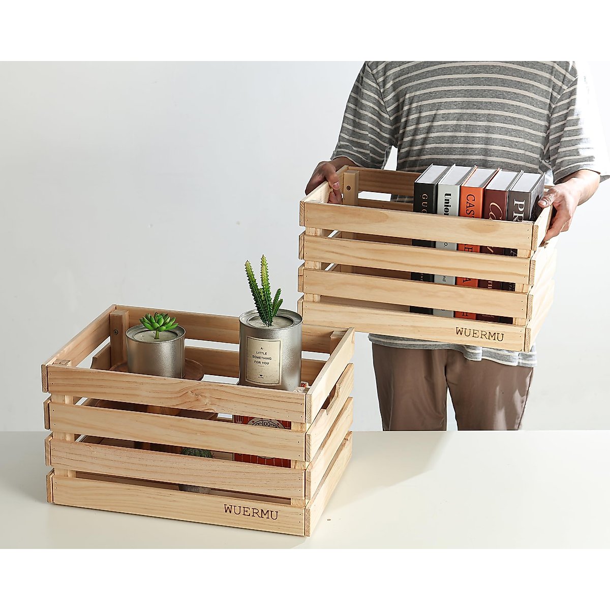 WUERMU Wooden Crates are Suitable for Storage, Milk Crates, Wine Crates, toy Crates, Display and Decoration, Camping, and Other Purposes. They are Sturdy and Durable, set of 2 Length of 17.7 inches.