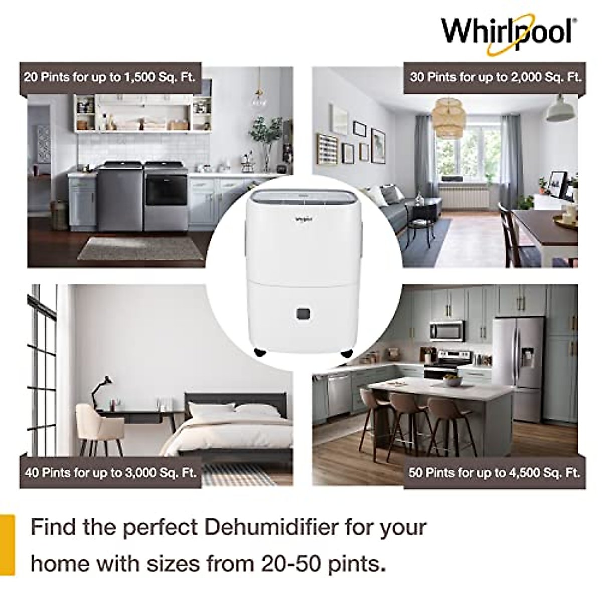 Whirlpool 40 Pint Portable Dehumidifier with Built-In Pump, 24-Hour Timer, Auto Shut-Off, Easy-Clean Filter, and Auto-Restart | For Bathrooms, Basements, and Bedrooms | WHAD40PCW
