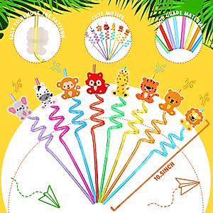 24 Pieces Jungle Animal Plastic Straws Reusable Drinking Straws Jungle Safari Straws Woodland Party Favor Kids Cute Straws with 2 Cleaning Brushes for Baby Shower Birthday Party Supplies, 8 Styles