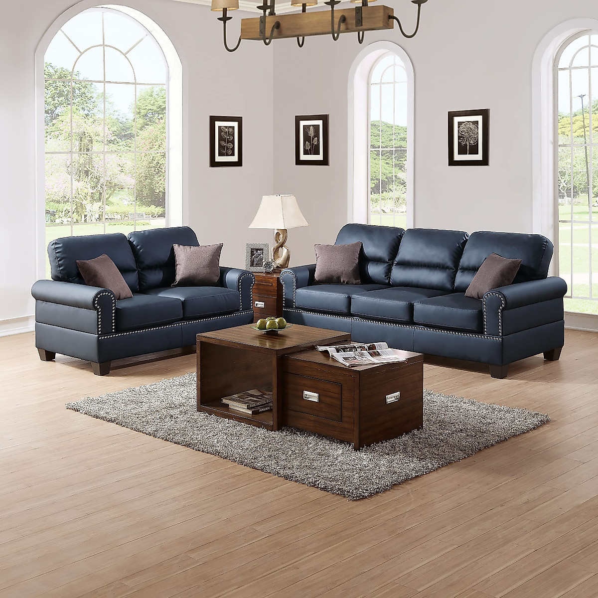 Poundex Bobkona Shelton Bonded Leather 2 Piece Sofa and Loveseat Set, Black
