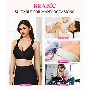 BRABIC Women Post-Surgical Sports Support Bra Front Closure with Adjustable Straps Wirefree Racerback (Black, L (fit for 36B 36C 36D 38A))