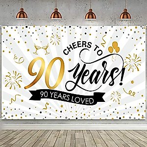 Happy 90th Birthday Backdrop Background Banner Large Men Women 90th Anniversary Backdrop Photo Booth Cheers to 90 Years Banner for 90th Birthday Party Decorations Supplies 72.8 x 43.3 inch