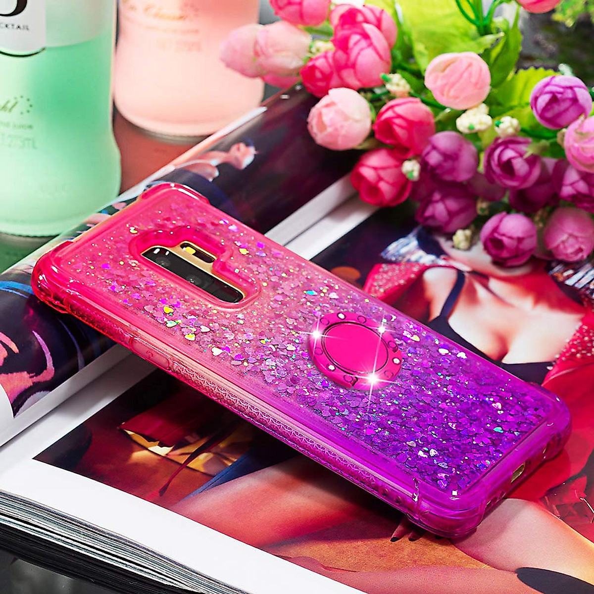 ONV Silicone Case Compatible with Samsung Galaxy S9 Plus - with Metal Ring Shinny Phone Case with Flow Sand Kickstand Bumper Anti-Drop Soft Shell for Samsung Galaxy S9 Plus Cover TPU [JB] - P&P