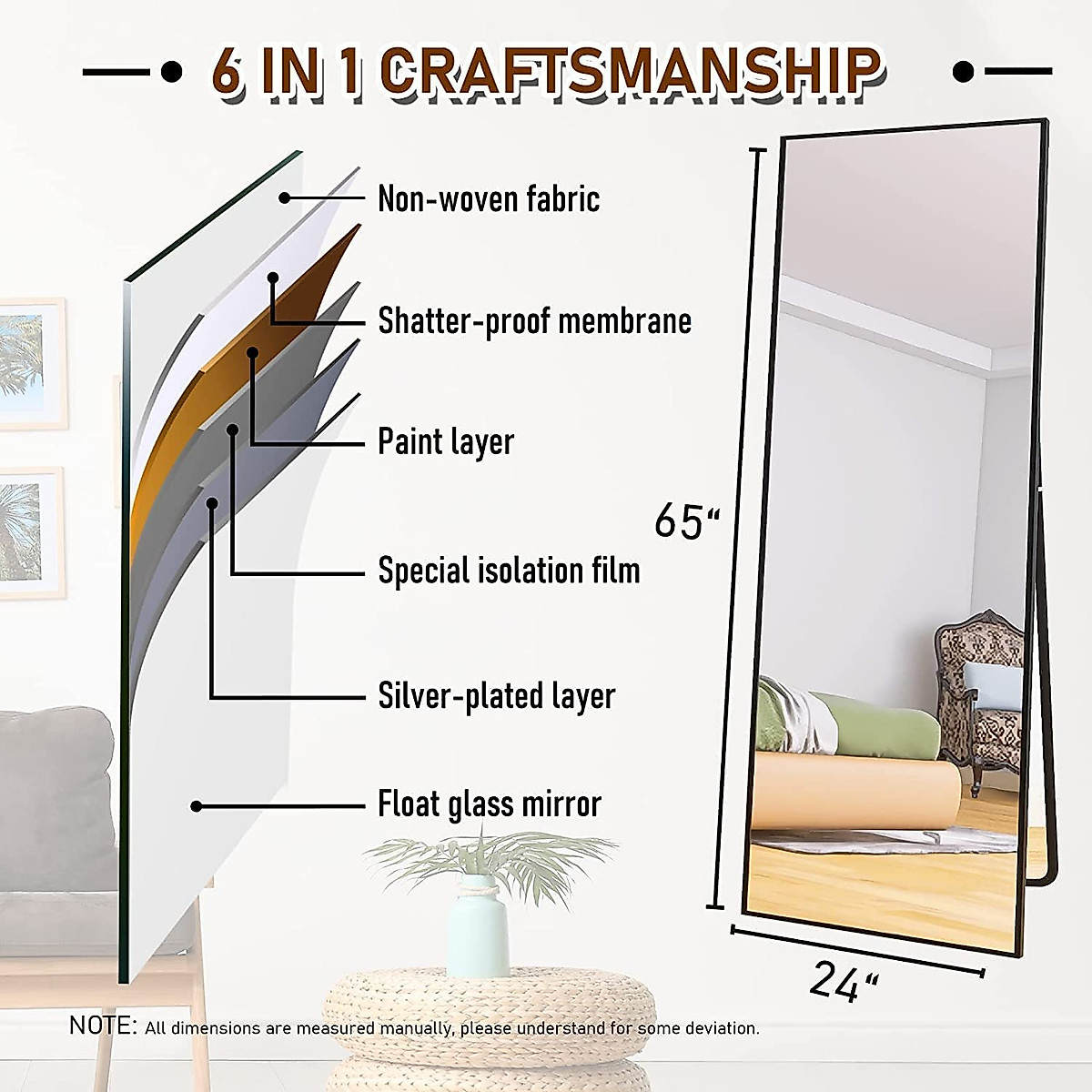 Yone jx je 65" x 24" Full Length Mirror Hanging Standing or Leaning, Bedroom Mirror Floor Mirror Wall-Mounted Mirror with Alloy Frame, Black