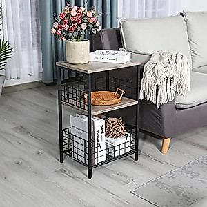 X-cosrack End Table,Industrial Retro Side Table Nightstand Storage Shelf for Living Room Bedroom Kitchen Family and Office,Stable Wood and Metal Frame, Patent Pending(Greige & Black)