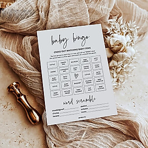 Baby Shower Bingo Game (50 Unique Cards), Pre-Filled, Baby Shower Games, Added Word Scramble (Minimalist)