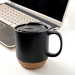 Ceramic Coffee Mug w/Lid and Cork Coaster Base - 12oz Slideproof Coffee Cups w/Handle and Sip and Cover Lid - Set of 2 Dishwasher Safe Ceramic Travel Mugs - Reusable Black Insulated Cup