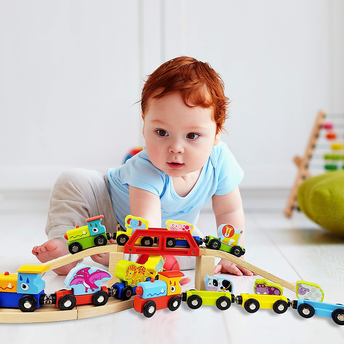 Wooden Trains Set (21 PCS) with 3 Dinosaurs 3 Farm 3 Zoo Animals with Box and Cover - Train Toys Magnetic Set Toy Train Sets for Kids Toddler Gift Toy for 2 Year Old Boys and Girls and up