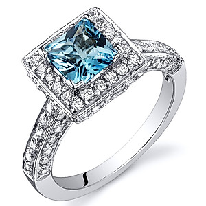 PEORA Swiss Blue Topaz Promise Ring in Sterling Silver Ring, Vintage Halo Design, Princess Cut, 5mm, 1.00 Carat total, Comfort Fit, Size 7