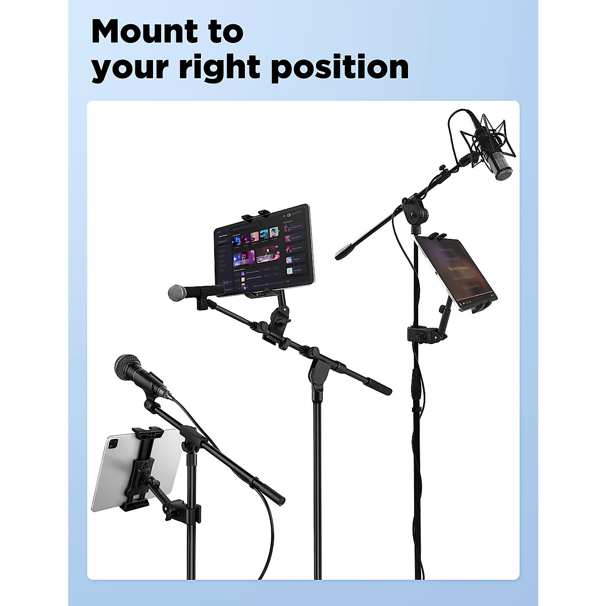 LZSIG Updated Tablet Mount Holder for Mic Stand, Adjustable Microphone Music Stand iPad iPhone Holder Stand, Compatible with Kindle, Android, All 4.7 to 13.5-inch Tablets & Smartphones (L)