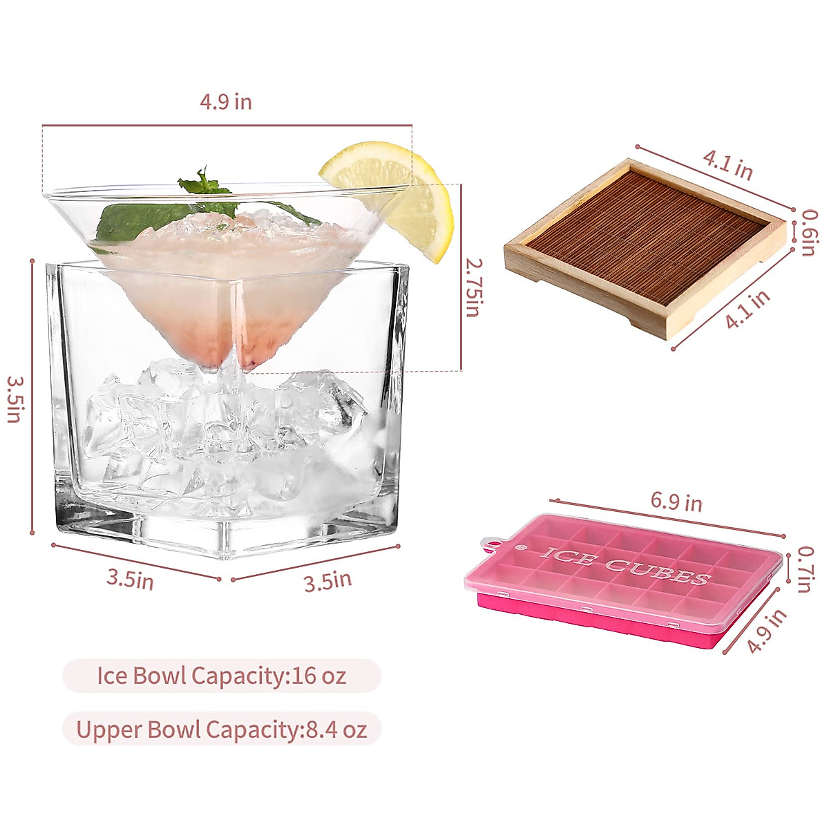 USEEKRIL Stemless Martini Glasses Set of 2 with Caviar Chiller - Martini Glass with Caviar Serve Bowl - Elegant Bar Cocktail Glasses Gift Set for Manhattan,Margarita,Martini,Cosmopolitan