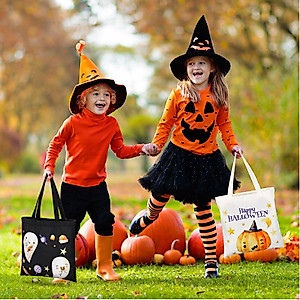 LEIFIDE 2 Pieces Halloween Bag Reusable Canvas Candy Bag Large Happy Halloween Pumpkin Bag Ghost Goody Bag for Halloween Party Favor Grocery Shopping, 12.99 x 12.6 Inch