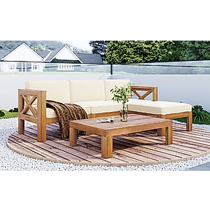 Quarte 5 Piece Outdoor Acacia Wood Sofa Set, X-Back Frames Design, Sectional Sofa Seating Group Set with Cushions