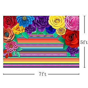 MEHOFOND 7x5ft Mexican Theme Striped Paper Flowers Background Fiesta Cinco De Mayo Party Table Banner Decor Photography Props Photo Booth Backdrop Supplies