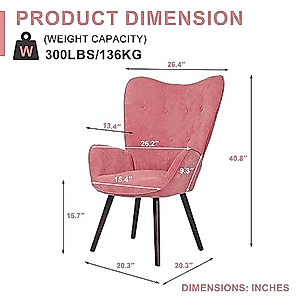 Fangflower Rose Velvet Accent Chair, Modern Button-Tufted Wingback Vanity Seat with Arms, Upholstered High-Back, Sturdy Wooden Legs for Bedroom, Lounge, Living Room