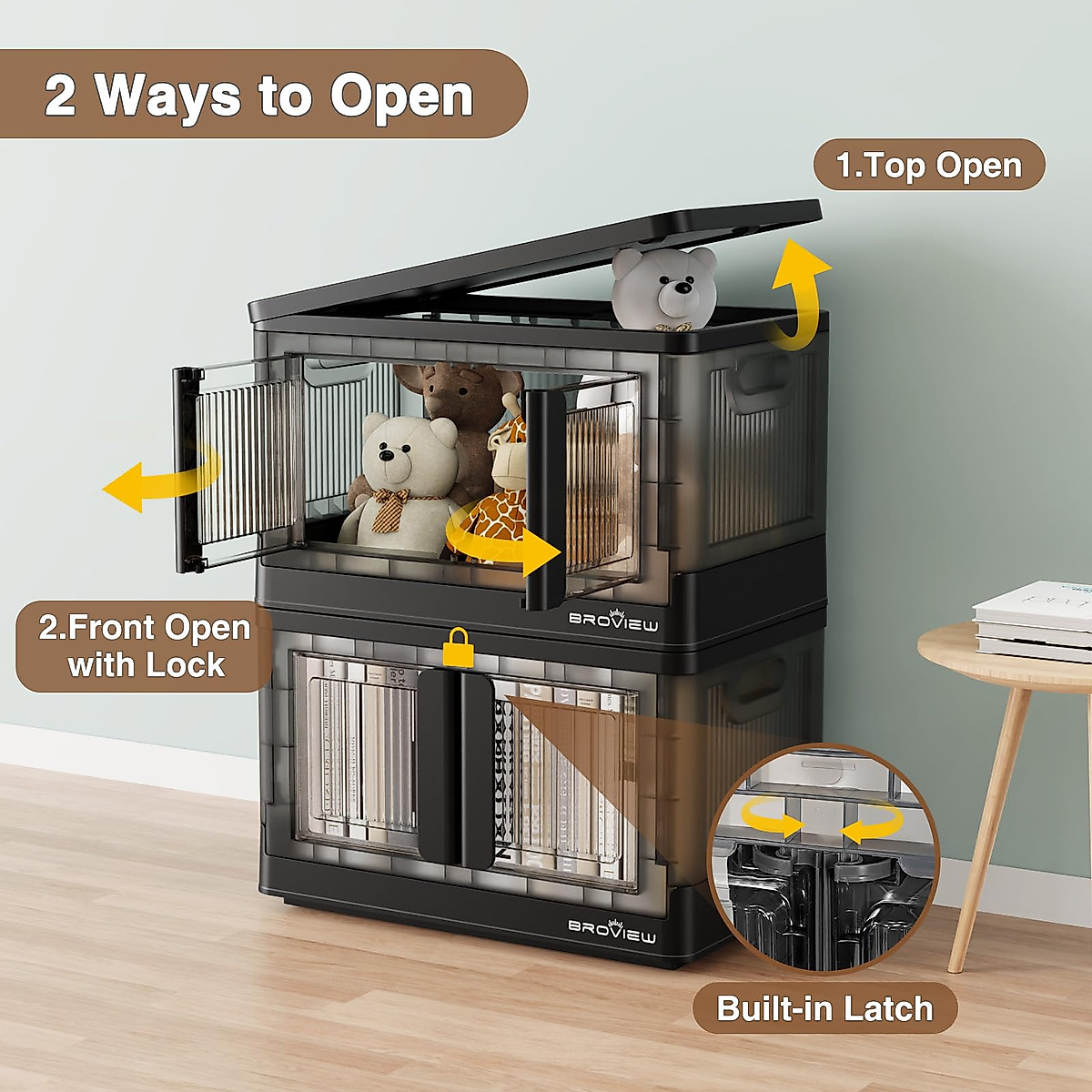 BROVIEW V6 Storage Bins with Lids, 136 QT Stackable Storage Bins with Wheels, Collapsible Storage Bins with Doors, Folding Storage Cabinets for Closet, Home Office Dorm Organizer Essential, Black