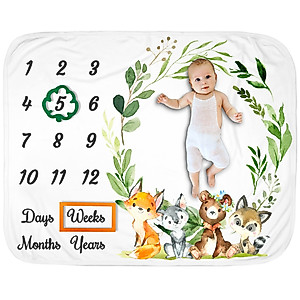 LUNAMIO Baby Monthly Milestone Blanket Boy Girl, Woodland Nursery Decor for Boys, Baby Milestone Blanket, Baby Boy Milestone Blanket, Woodland Baby Shower, Milestone Blanket for Baby Girl Boy, 50"x40"