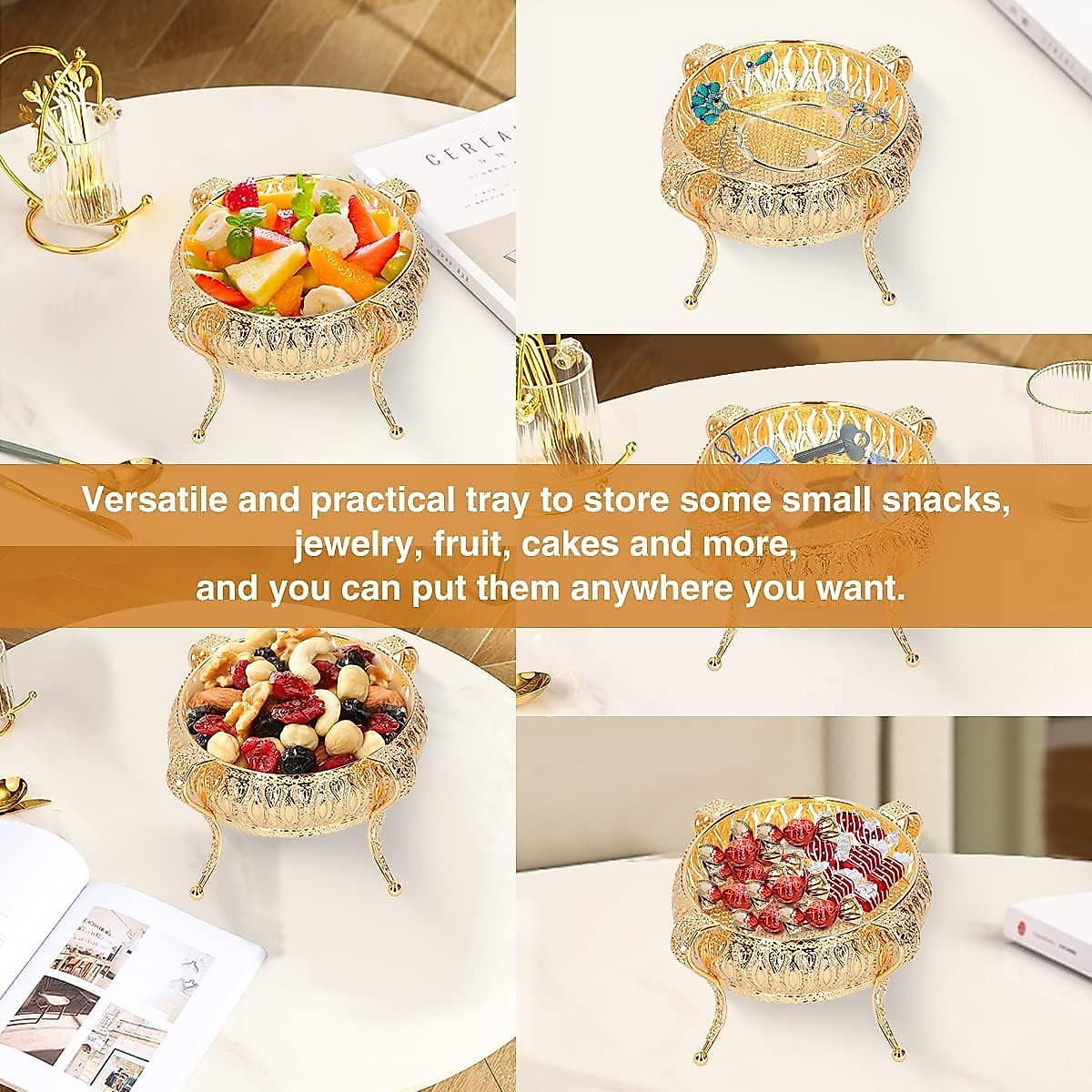 LIZEALUCKY Golden Fruit Tray Zinc Alloy Retro Style Candy Serving Plate Oval Snack Dessert Storage Plates for Cupcake Display Birthday Party Dessert Wedding Decoration